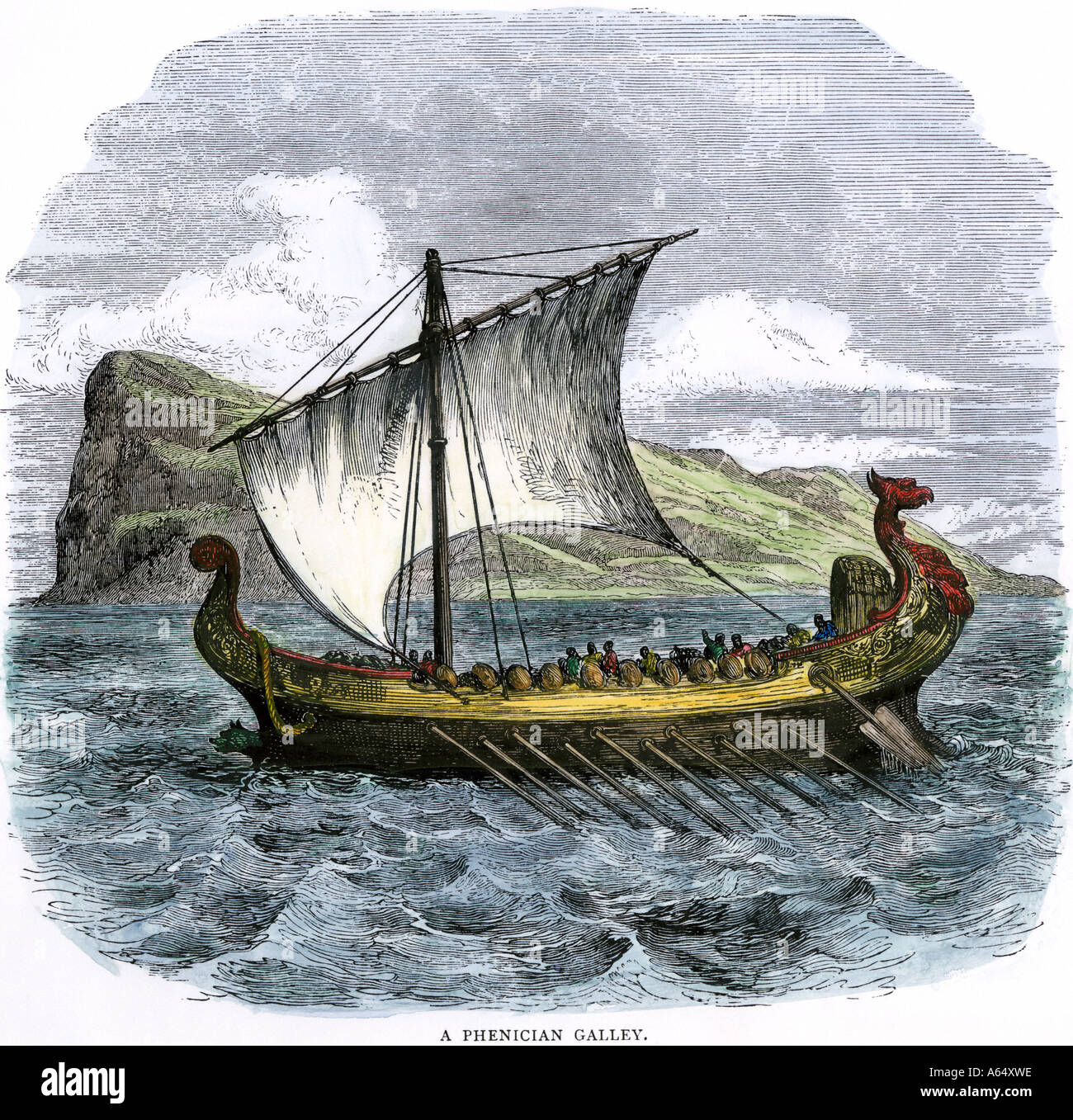 Phoenician galley in the Mediterranean Sea in ancient times. Hand ...