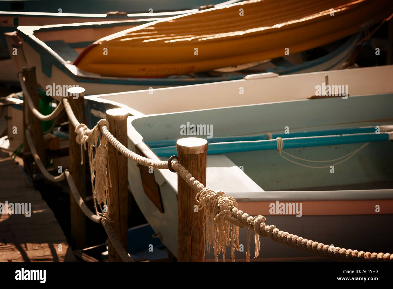 Boats Lined up along Railing at Riomaggiore Cinque Terre Liguria Italy ...