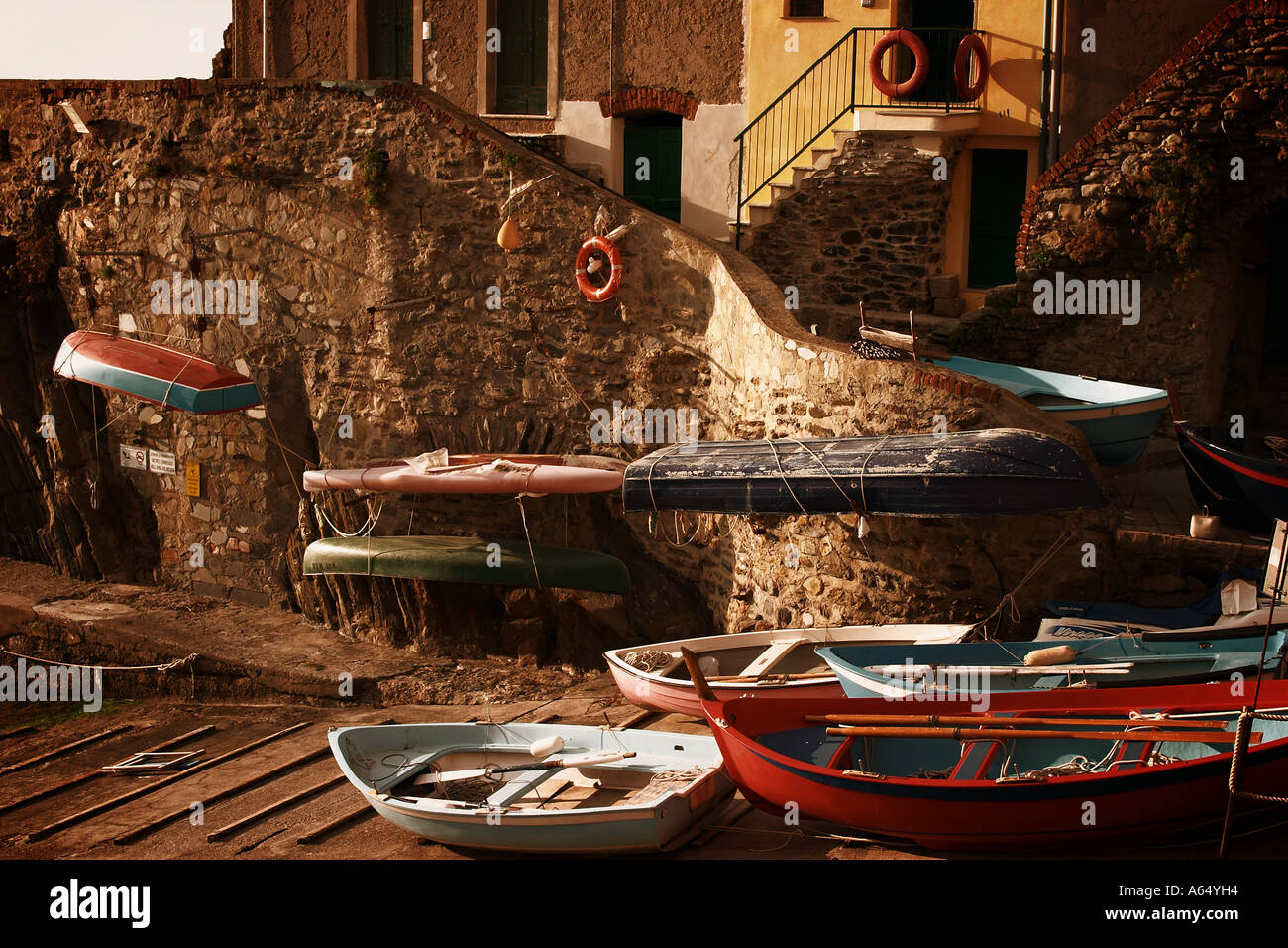 Boats Docked by Shore at Riomaggiore Cinque Terre Liguria Italy Stock ...