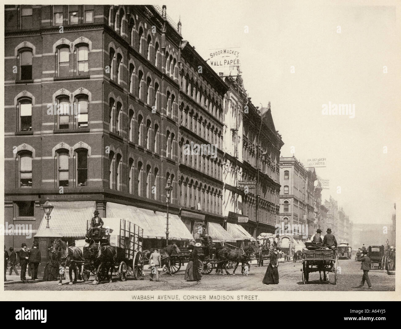 Wabash Avenue at the corner of Madison Street downtown Chicago 1890s ...