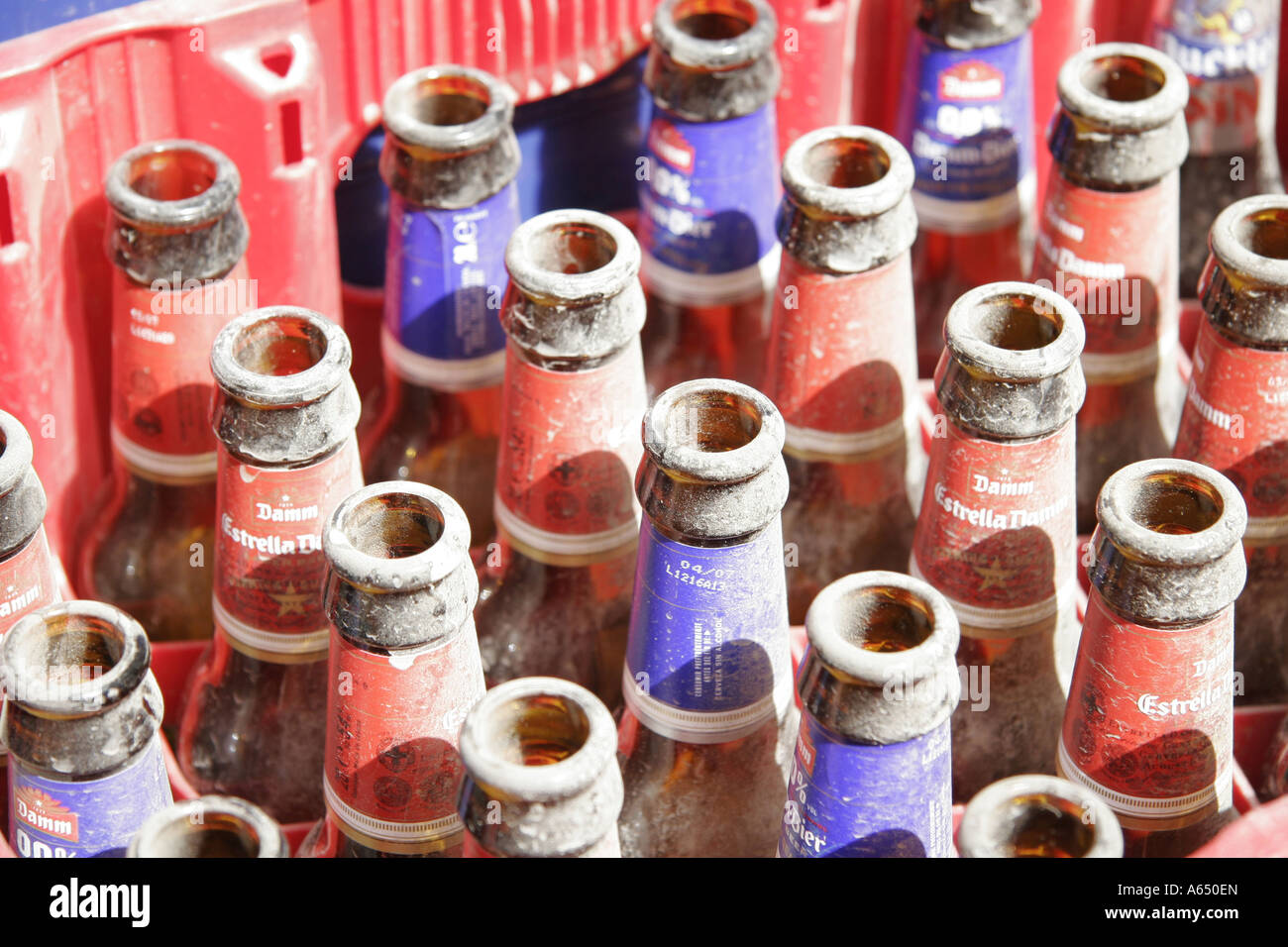 Crate of empty beer bottles in Spain Stock Photo - Alamy