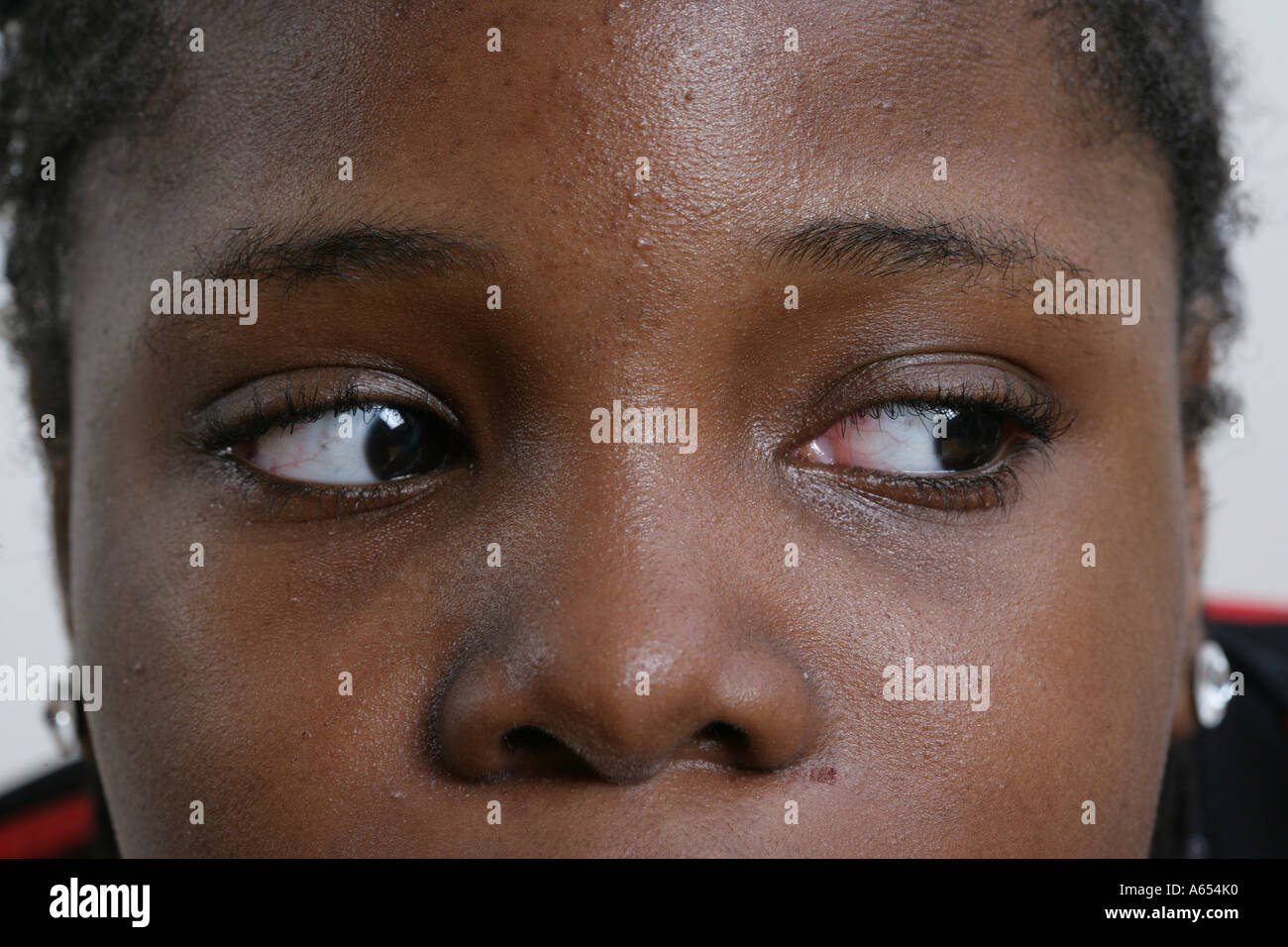 Young woman's face. Part of a series of eye movement, the 9 positions ...