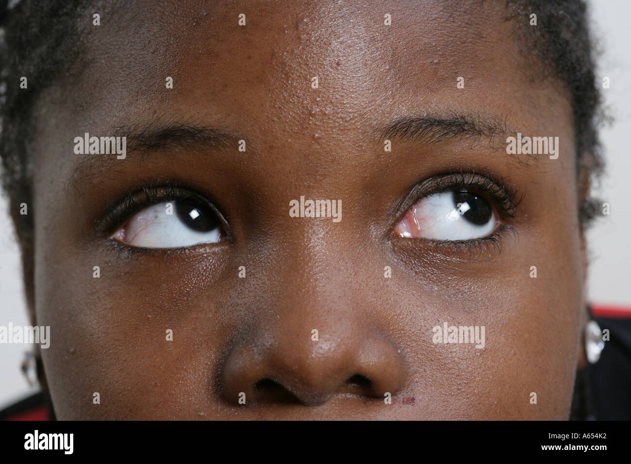 Young woman's face. Part of a series of eye movement, the 9 positions ...
