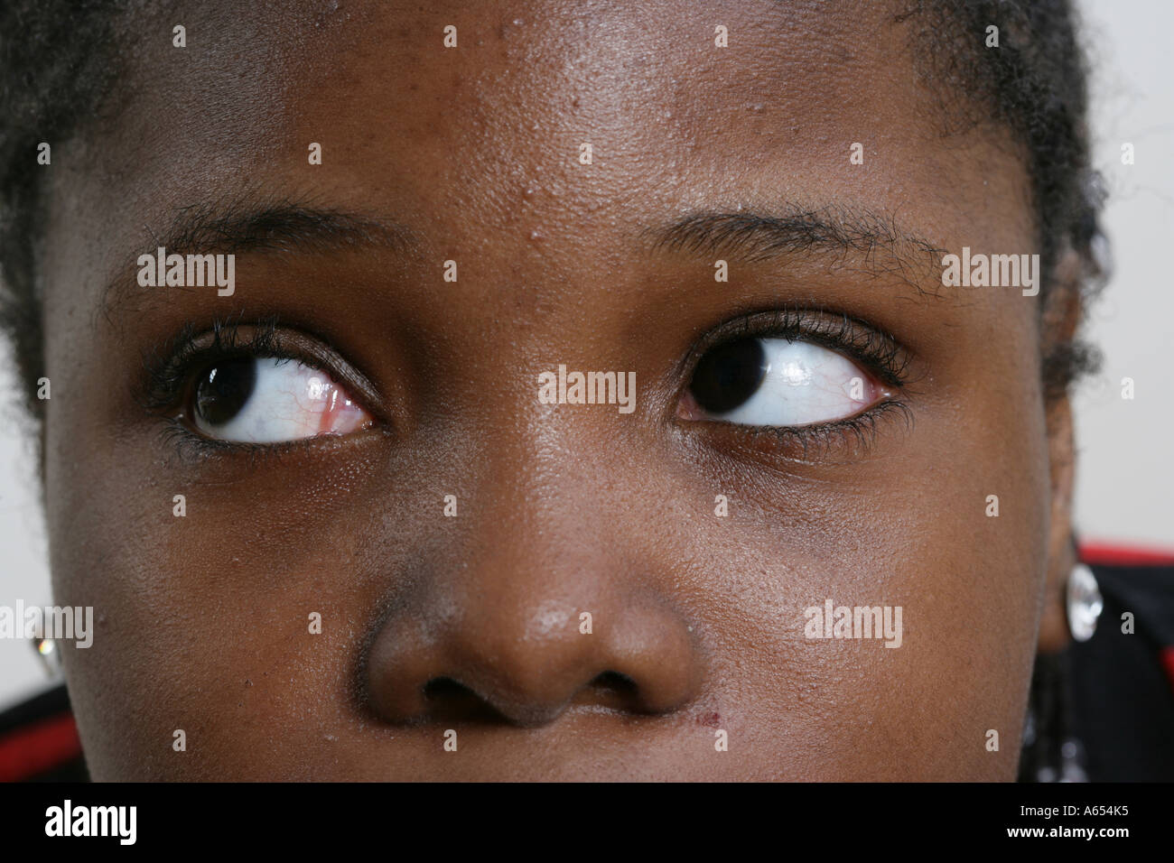 Young woman's face. Part of a series of eye movement, the 9 positions ...
