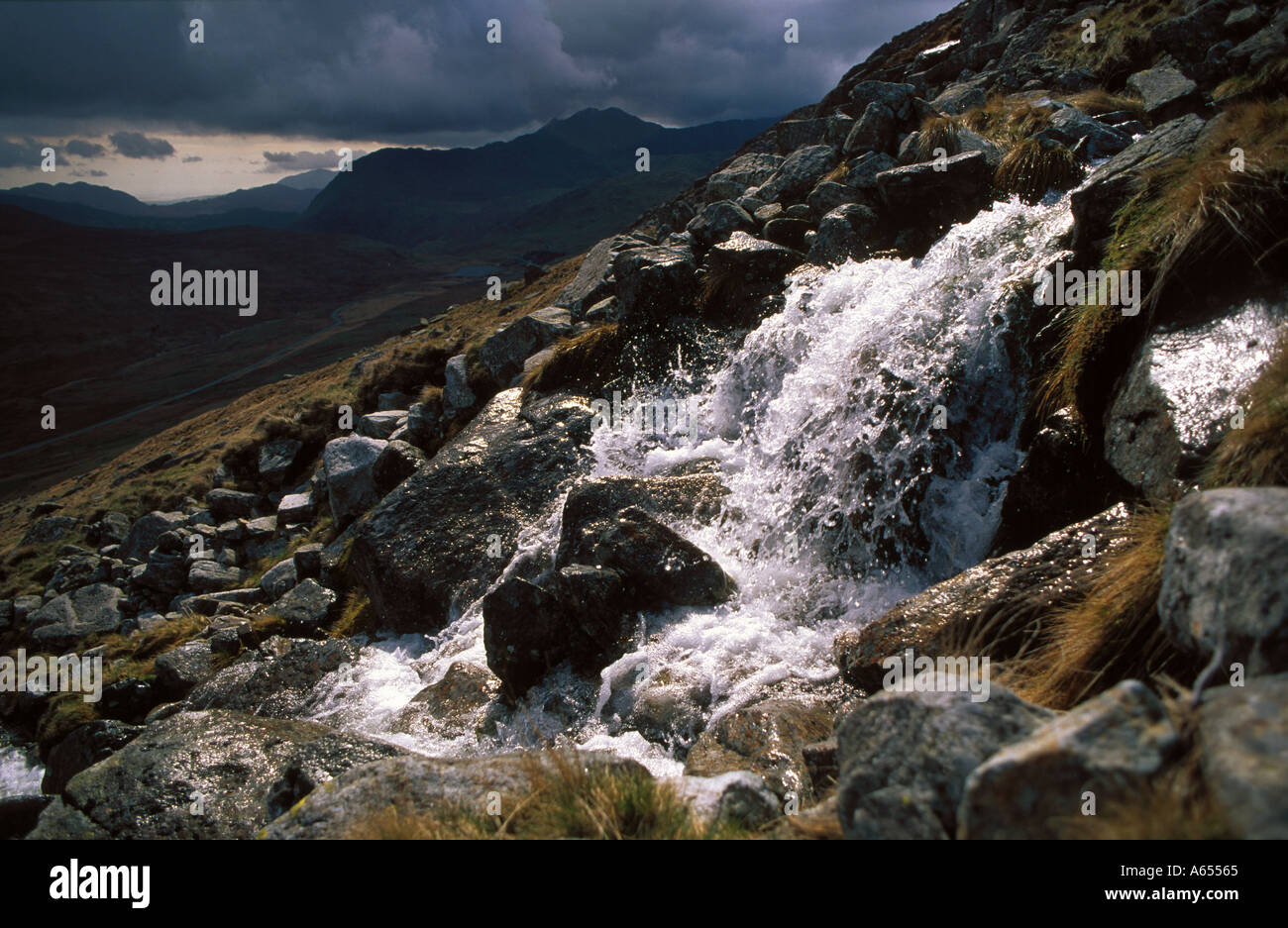 Mountain Spring in Snowdonia National Park Wales with Snowdon ridge in ...