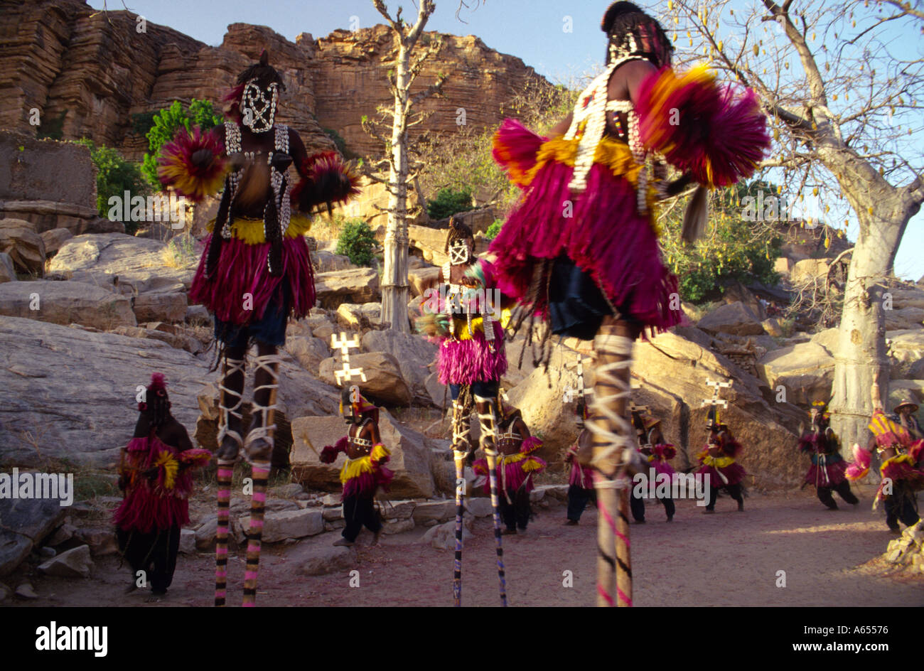 Dogon dancers performing funeral dance Dogon Country Mali Stock Photo ...