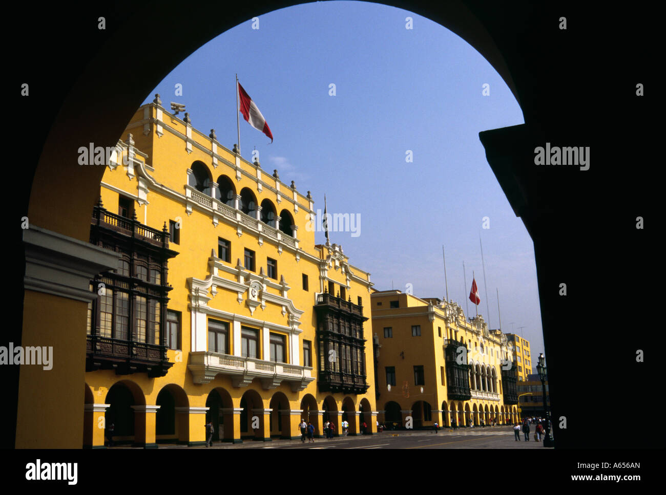 Colonial architecture on the Plaza de Armas in central Lima Peru Stock ...