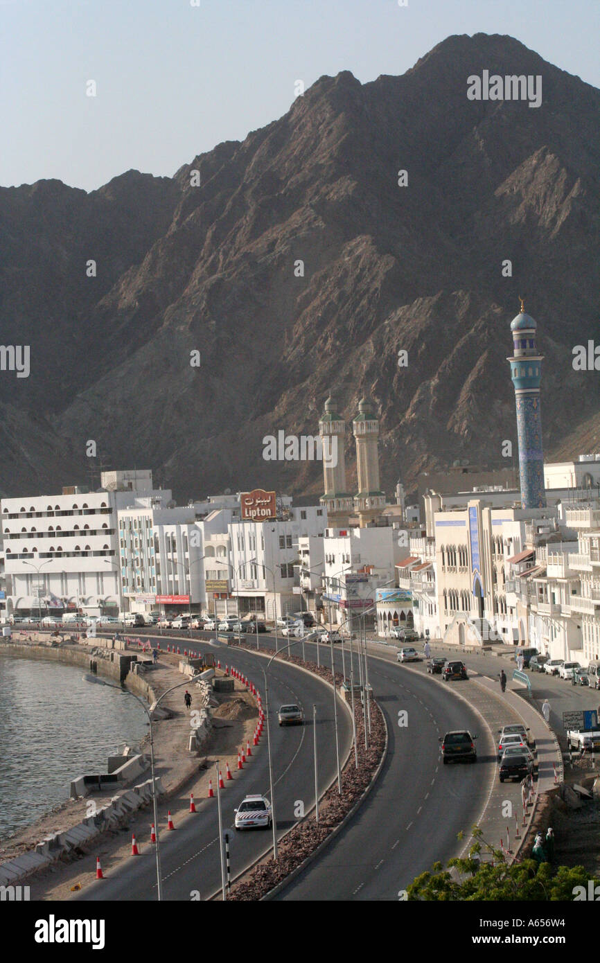 Muscat coastline, buildings, tower, minarets, mountains, Muscat, Oman ...