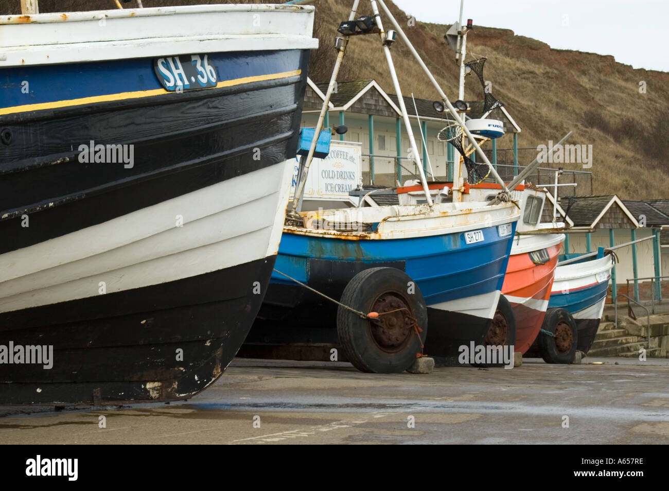 Filey Cobles standing on the Coble landing at Filey North Yorkshire ...