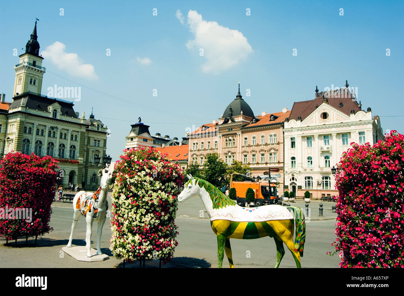 Novi Sad Slobode Square Horse Statue Art Installation with Town Hall ...