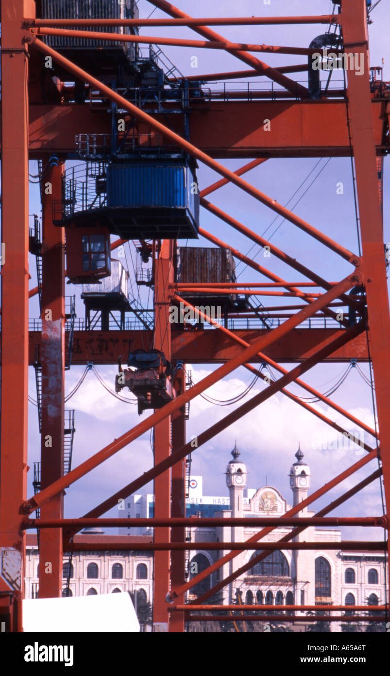 Gantry cranes at freight terminal and historic Haydarpasha high school ...