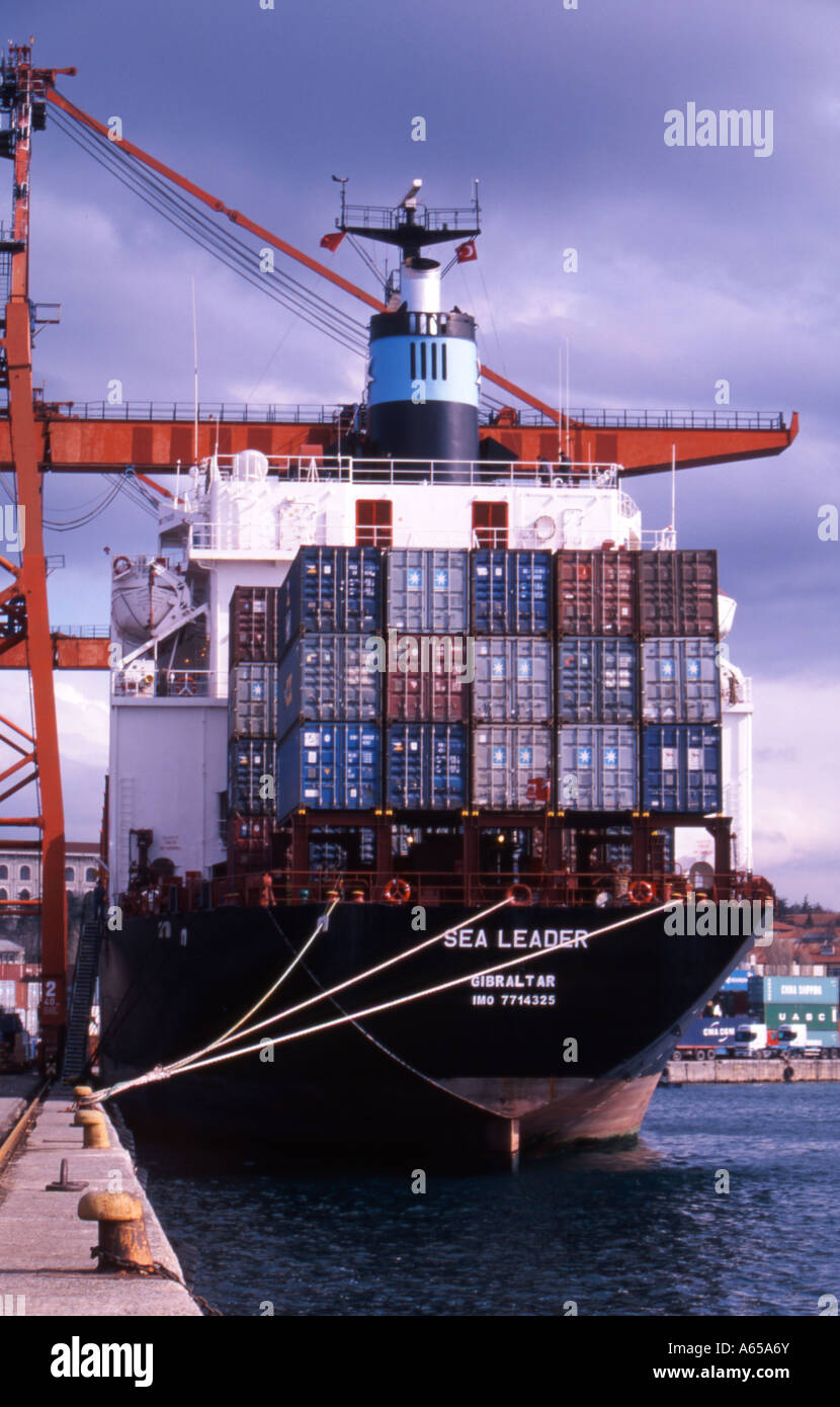 Cargo ship loading and unloading containers at the freight terminal ...