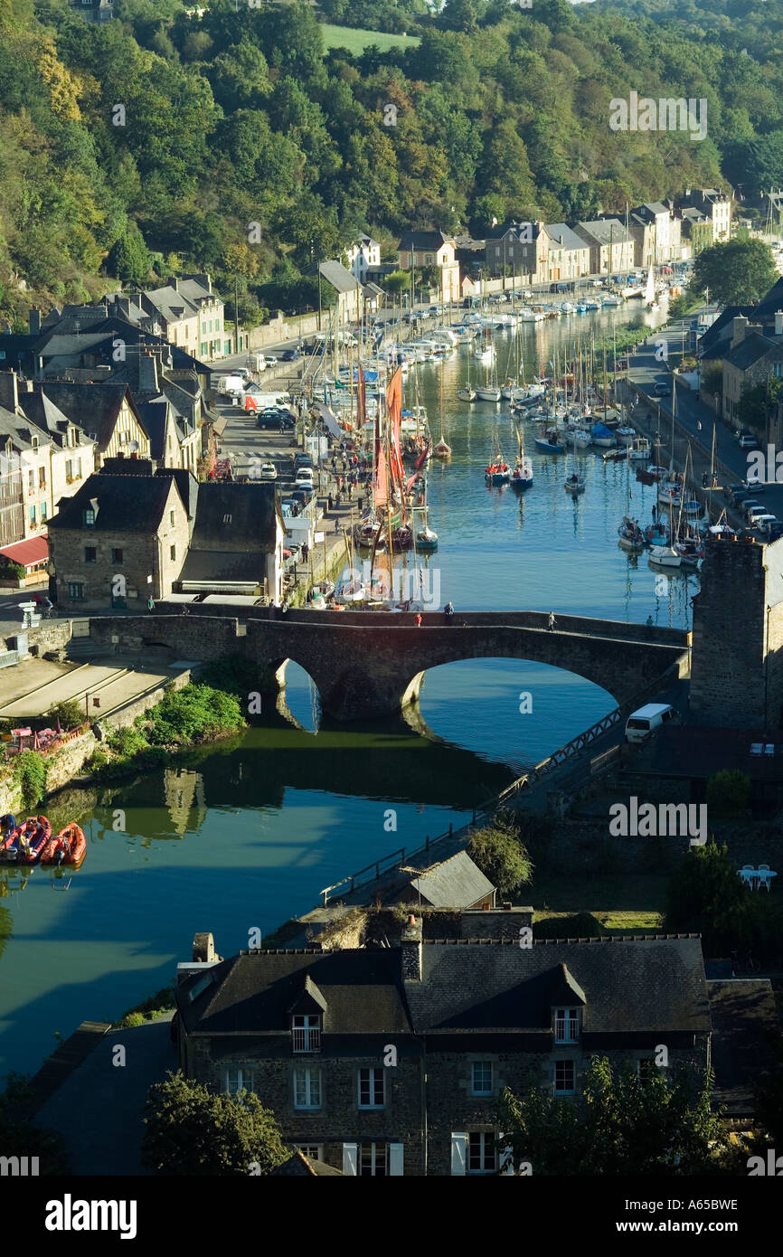 AERIAL OF HARBOUR AND RANCE RIVER WITH PONT GOTHIQUE BRIDGE DINAN ...