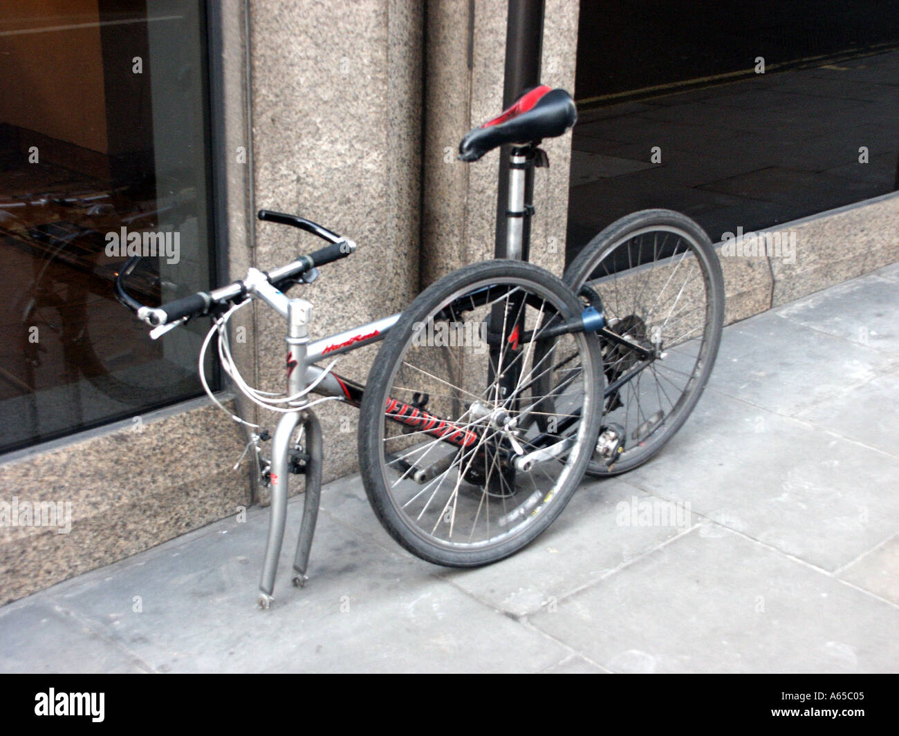 Security of cyclists bicycle property partly dismantled chained and ...