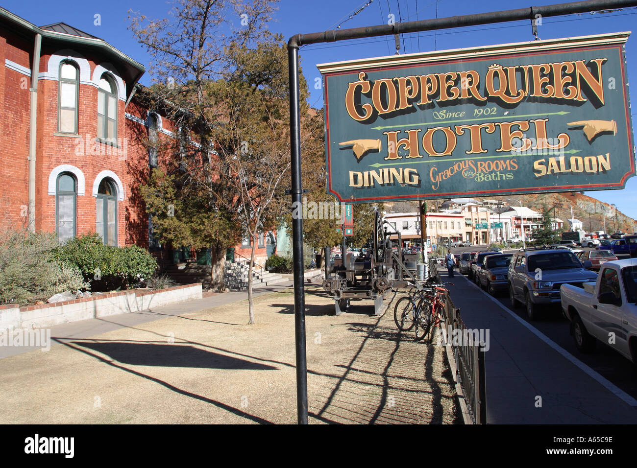 Bisbee town showing the Copper Queen Hotel sign Arizona USA Stock Photo ...