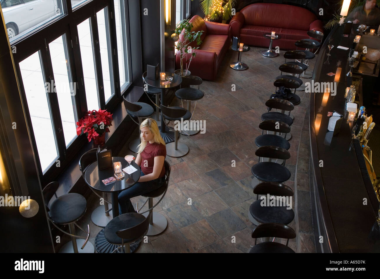 Detroit Michigan A young woman drinks a martini alone in the Centaur ...