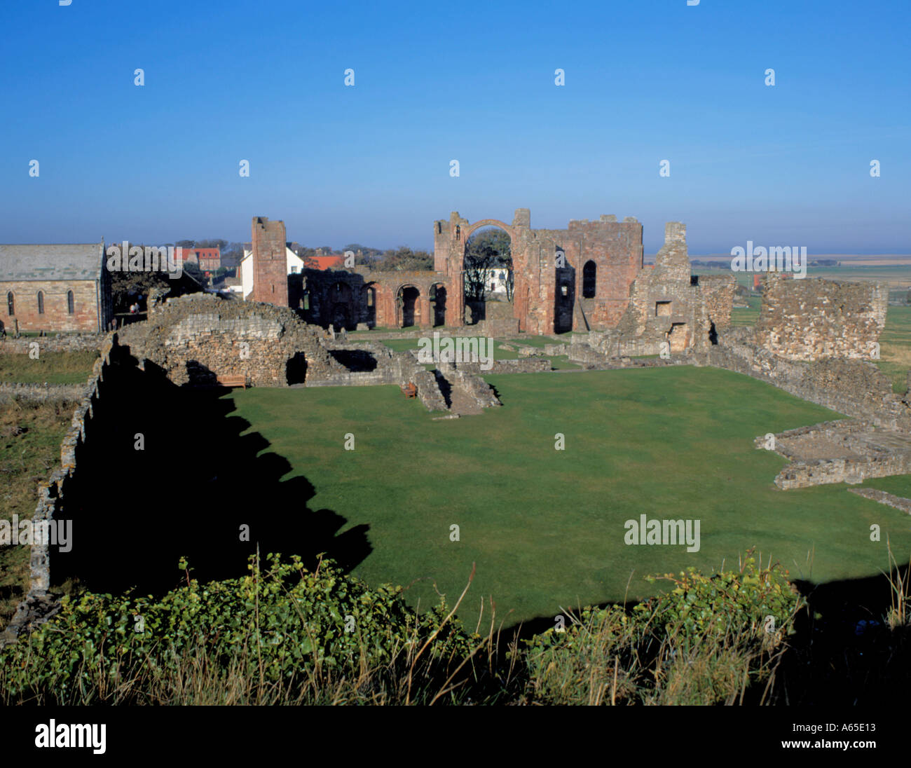 General view of the ruins of Lindisfarne Priory, Holy Island ...