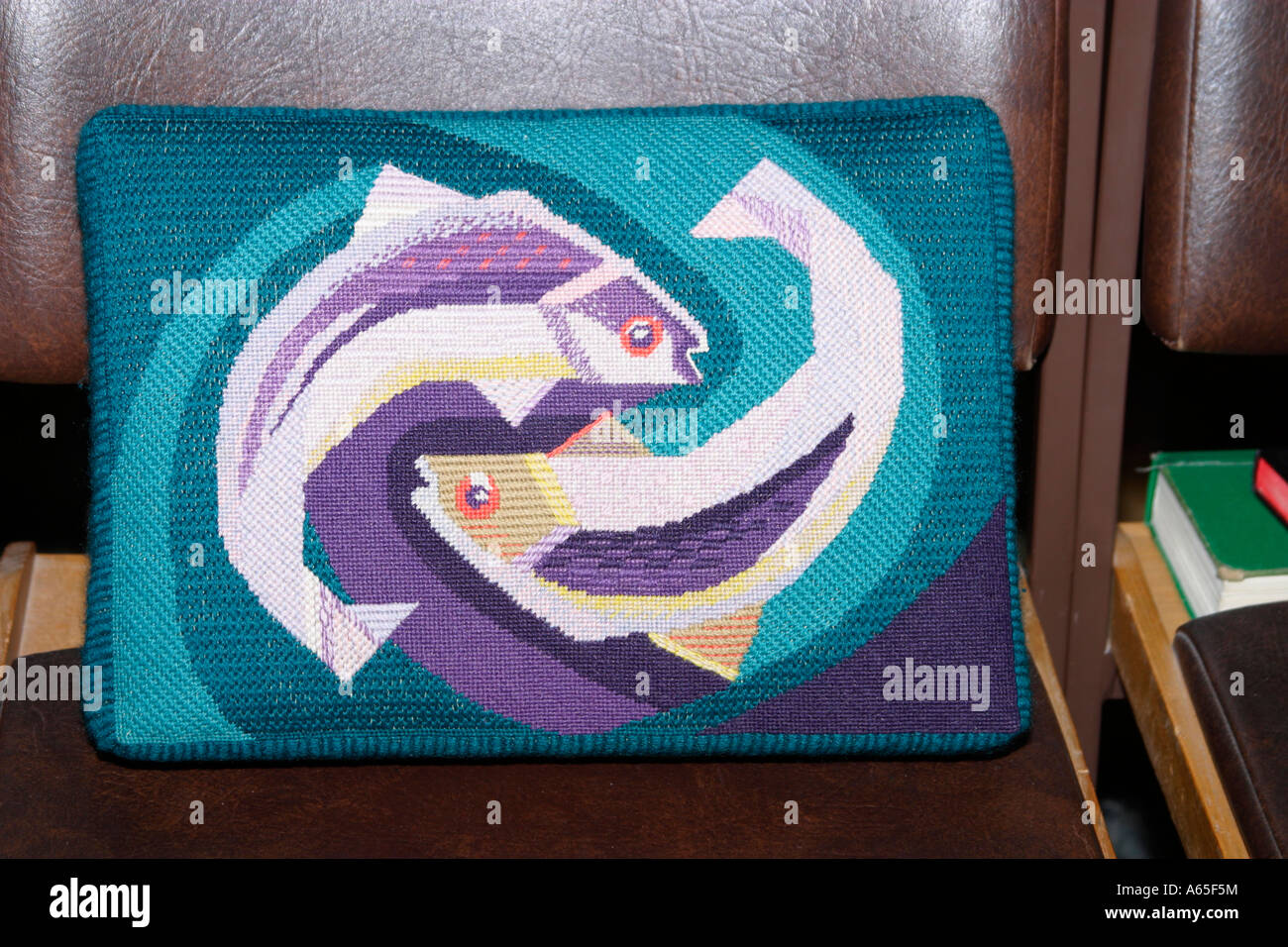 Church kneeler or hassock embroidered with two fishes. UK Stock Photo ...