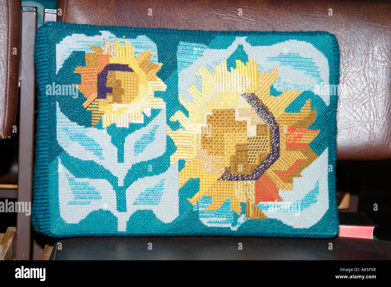 Church kneeler or hassock embroidered with sunflowers. UK Stock Photo ...