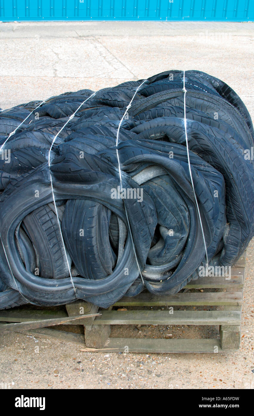 Old used rubber car tyres ready for recycling at Shoreham Harbour, West ...