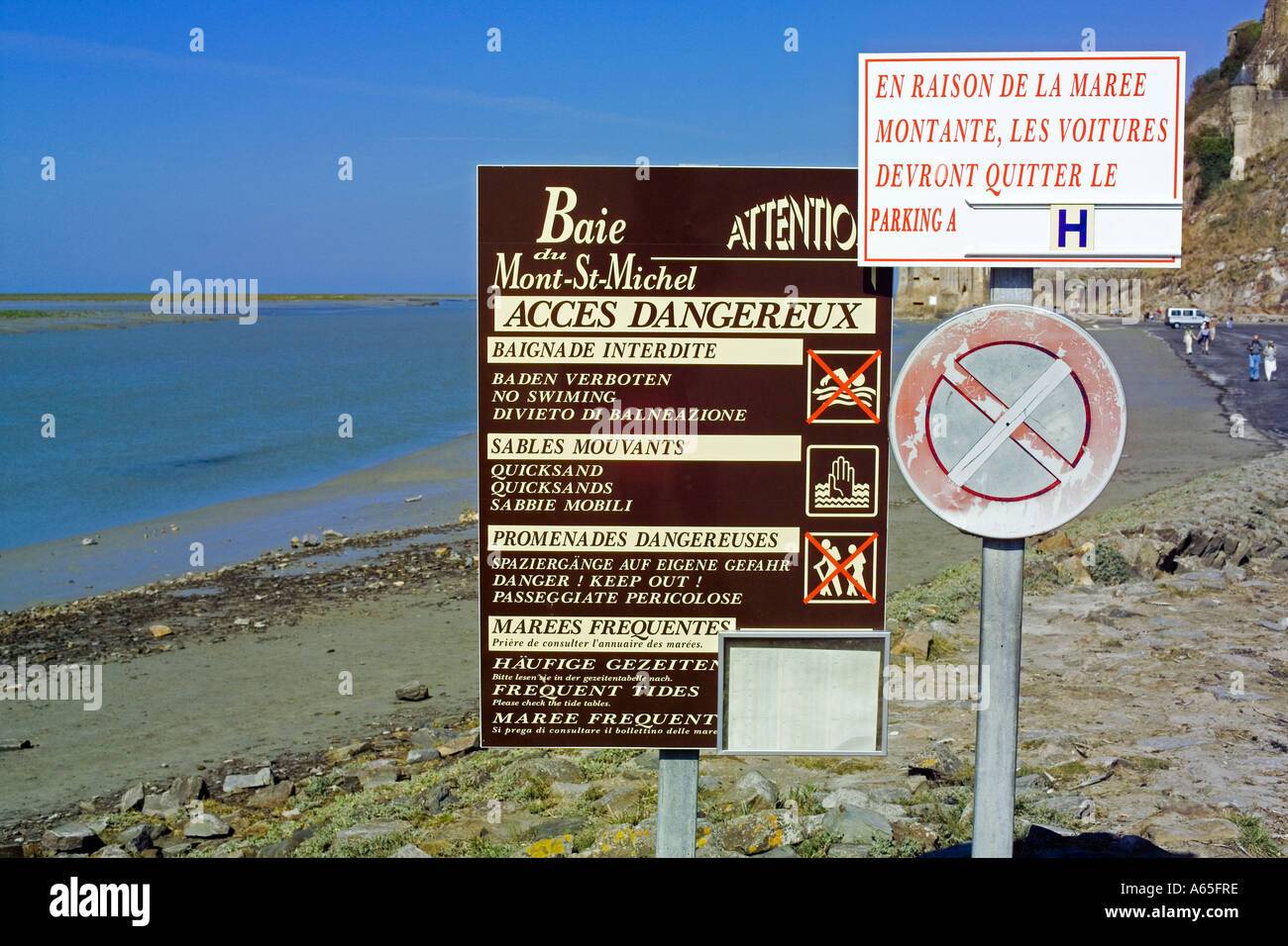 QUICKSAND AND HIGH TIDE WARNING SIGNS AT MONT-ST-MICHEL MOUNT NORMANDY ...
