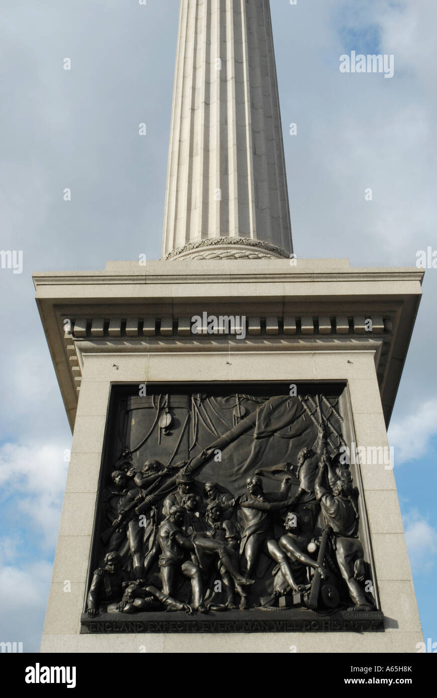 Base of Nelson's Column showing face of plinth Trafalgar Square London ...