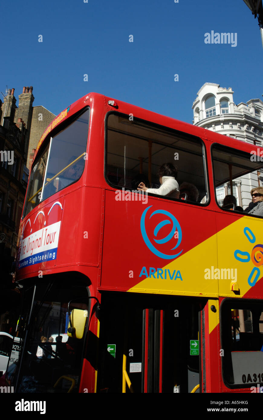 Arriva red sightseeing tour bus in Shaftesbury Avenue London England ...