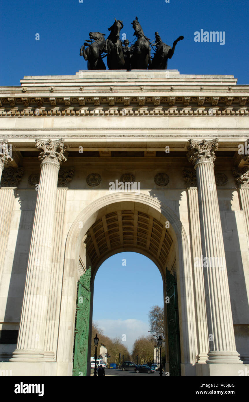 Front view of Wellington Arch against blue sky at Hyde Park Corner ...