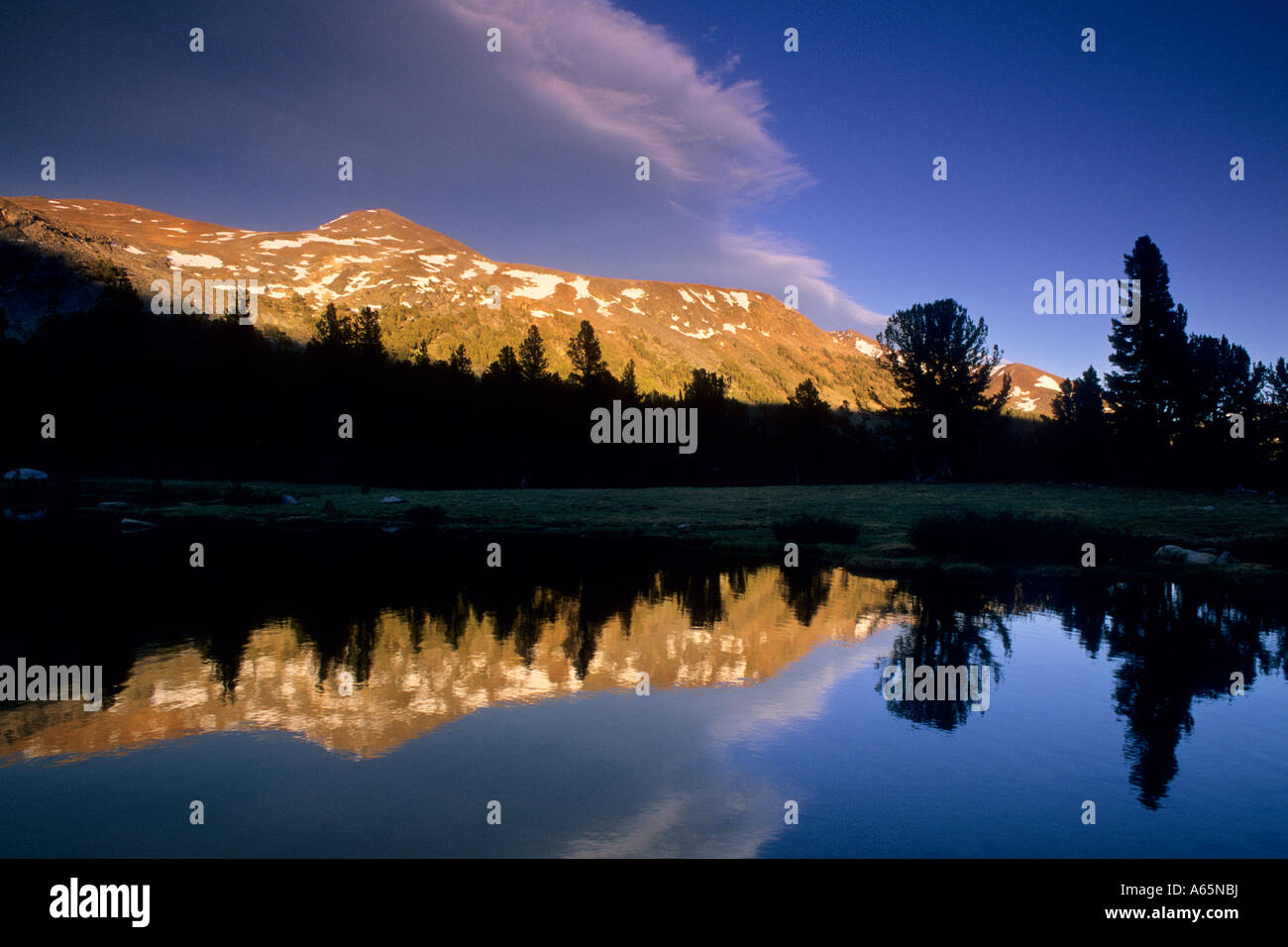 Lenticular wave cloud form over Mount Dana reflection alpine tarn pond ...