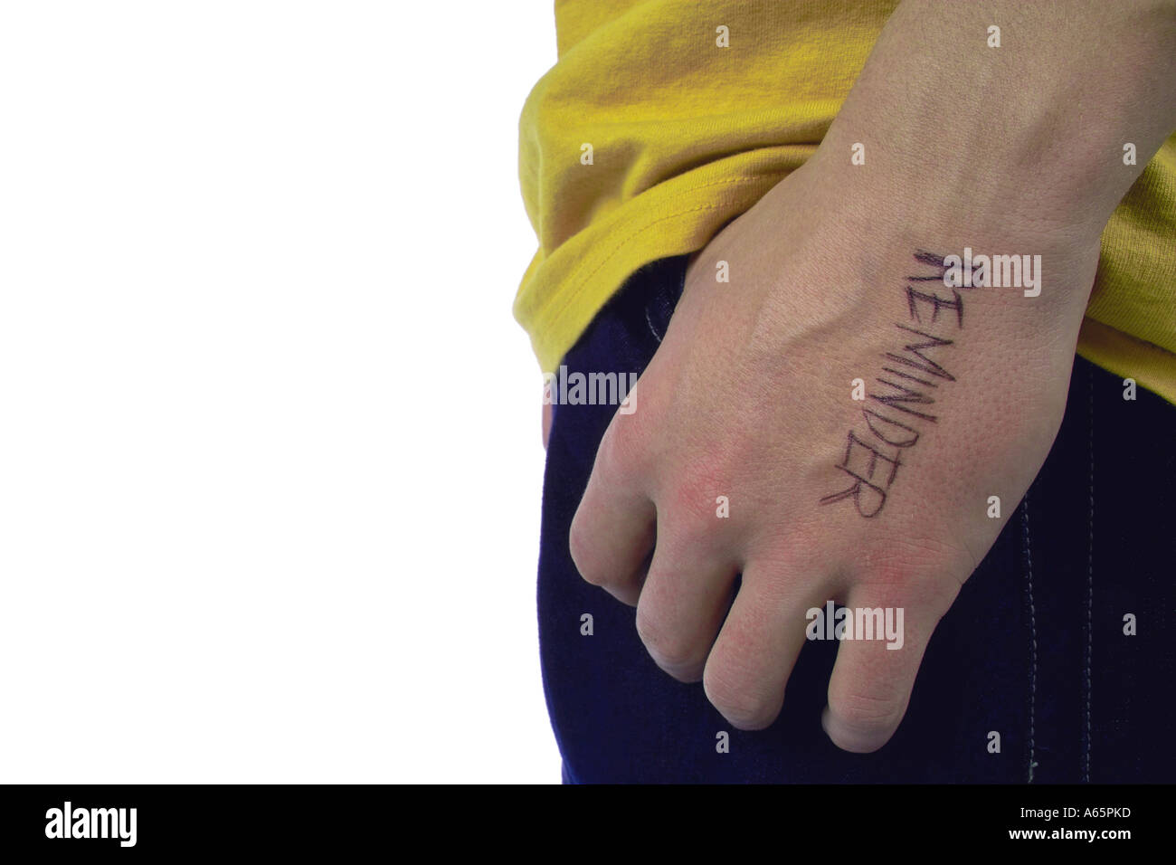 Male Model with Reminder written on his hand Stock Photo - Alamy