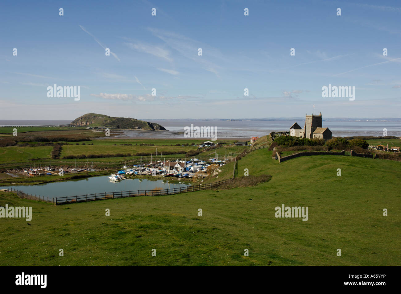 St. Nicholas church Uphill and marina, North Somerset, UK Stock Photo ...