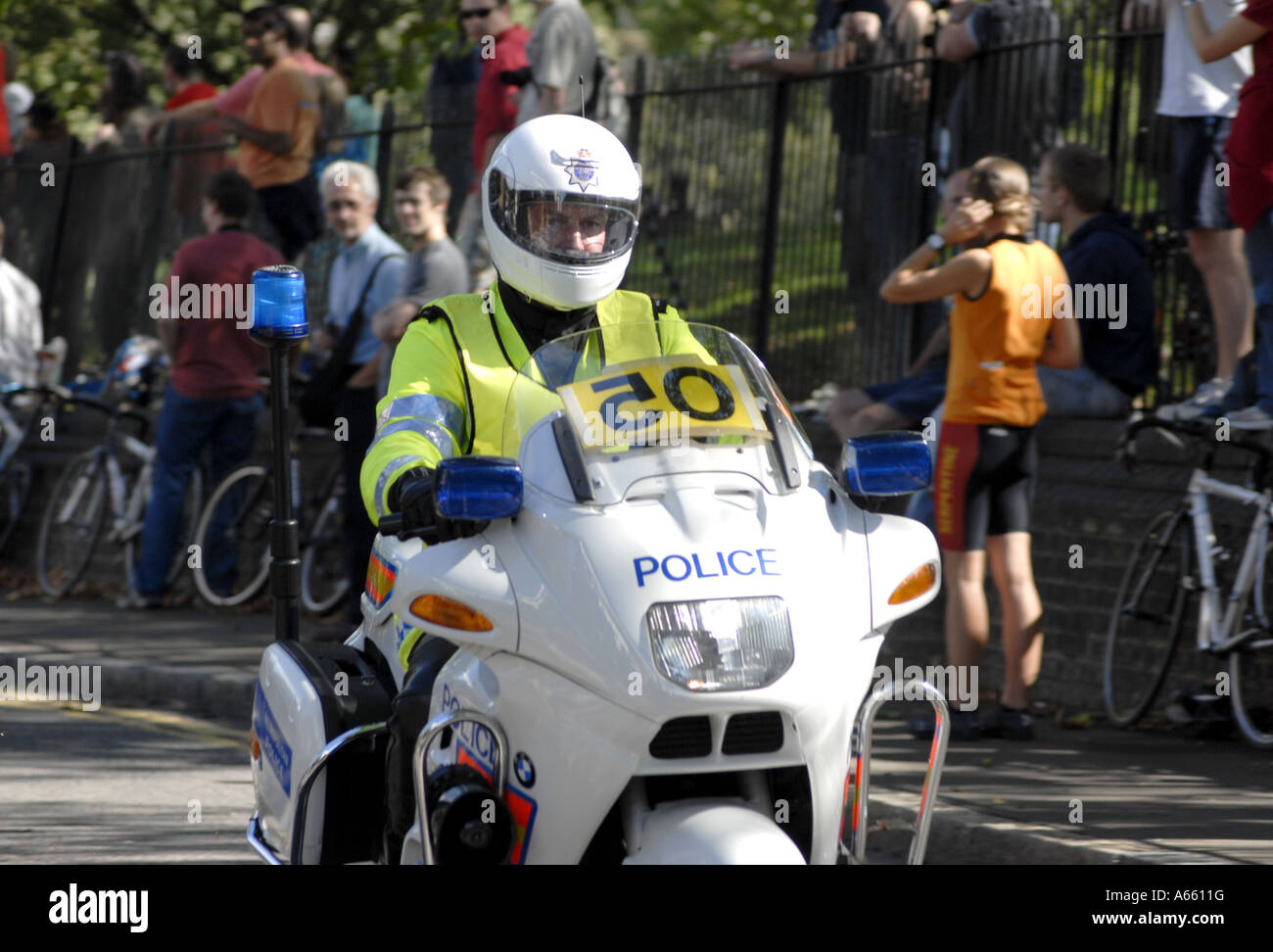 Police motorcyclist at the Tour of Britain cycle race on Primrose Hill ...