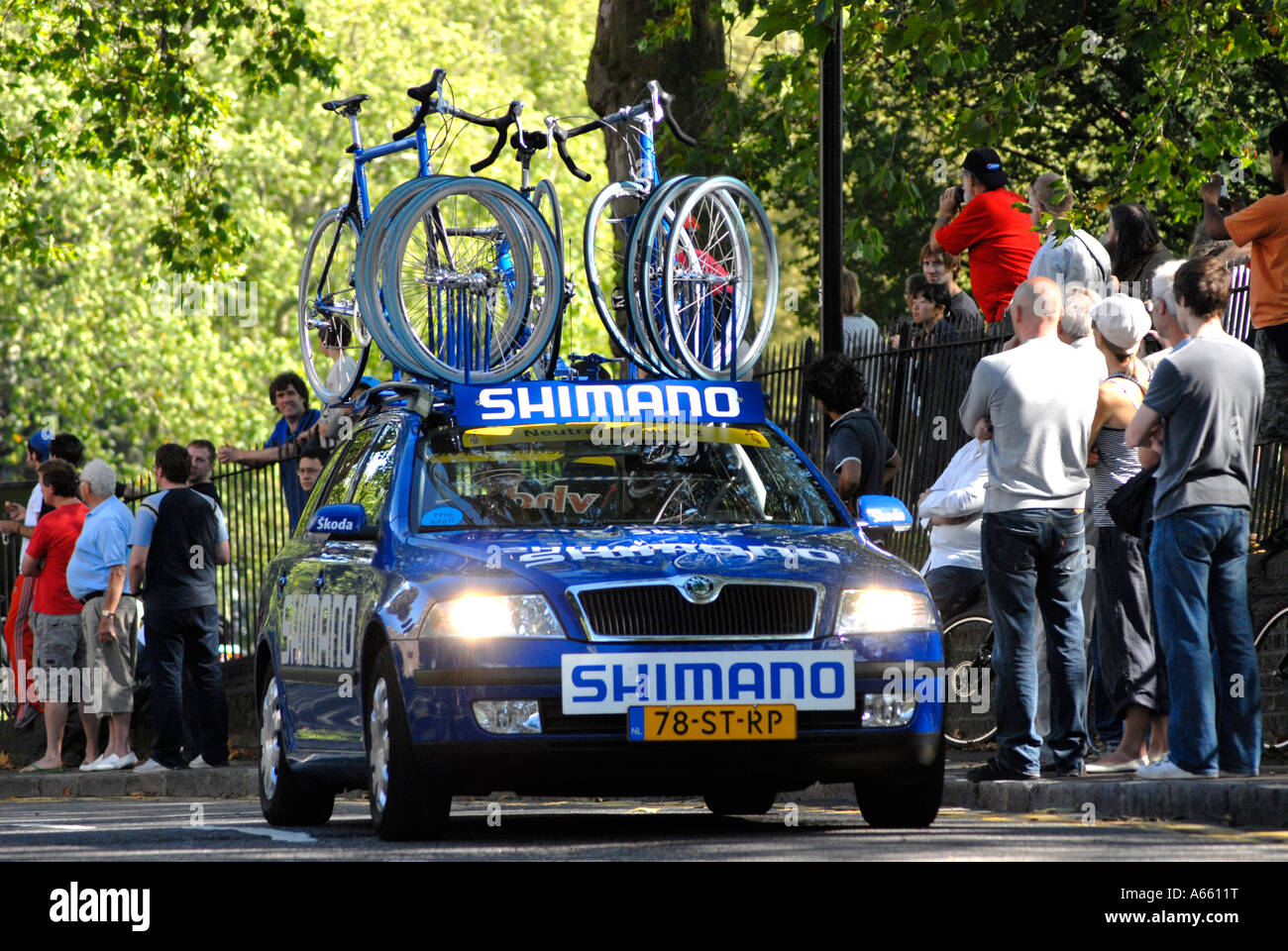 Shimano team car in the Tour of Britain cycle race on Primrose Hill ...