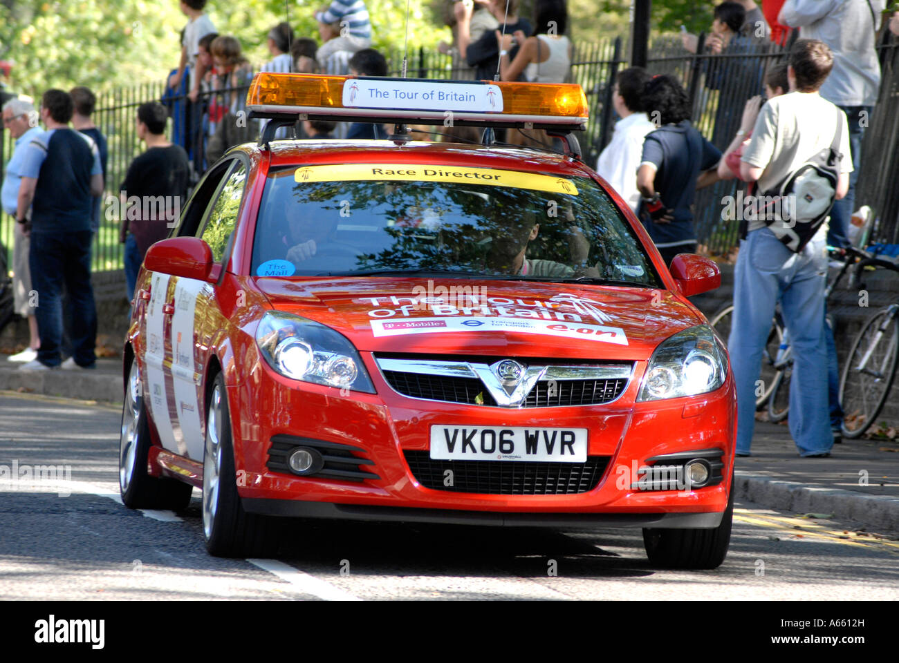 Race Director car in the Tour of Britain cycle race on Primrose Hill ...