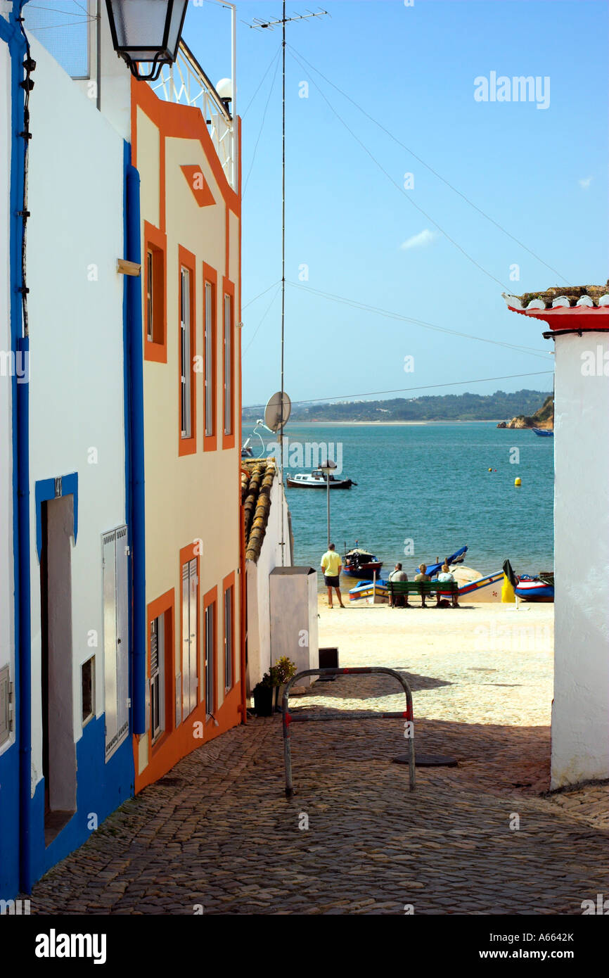 Side street in the fishing village of Alvor on the Algarve in Portugal ...