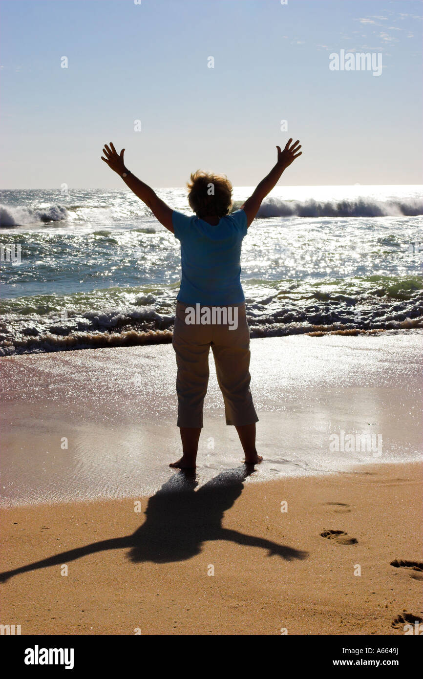 Happiness stretch stretching relax relaxation woman seaside seashore hi ...