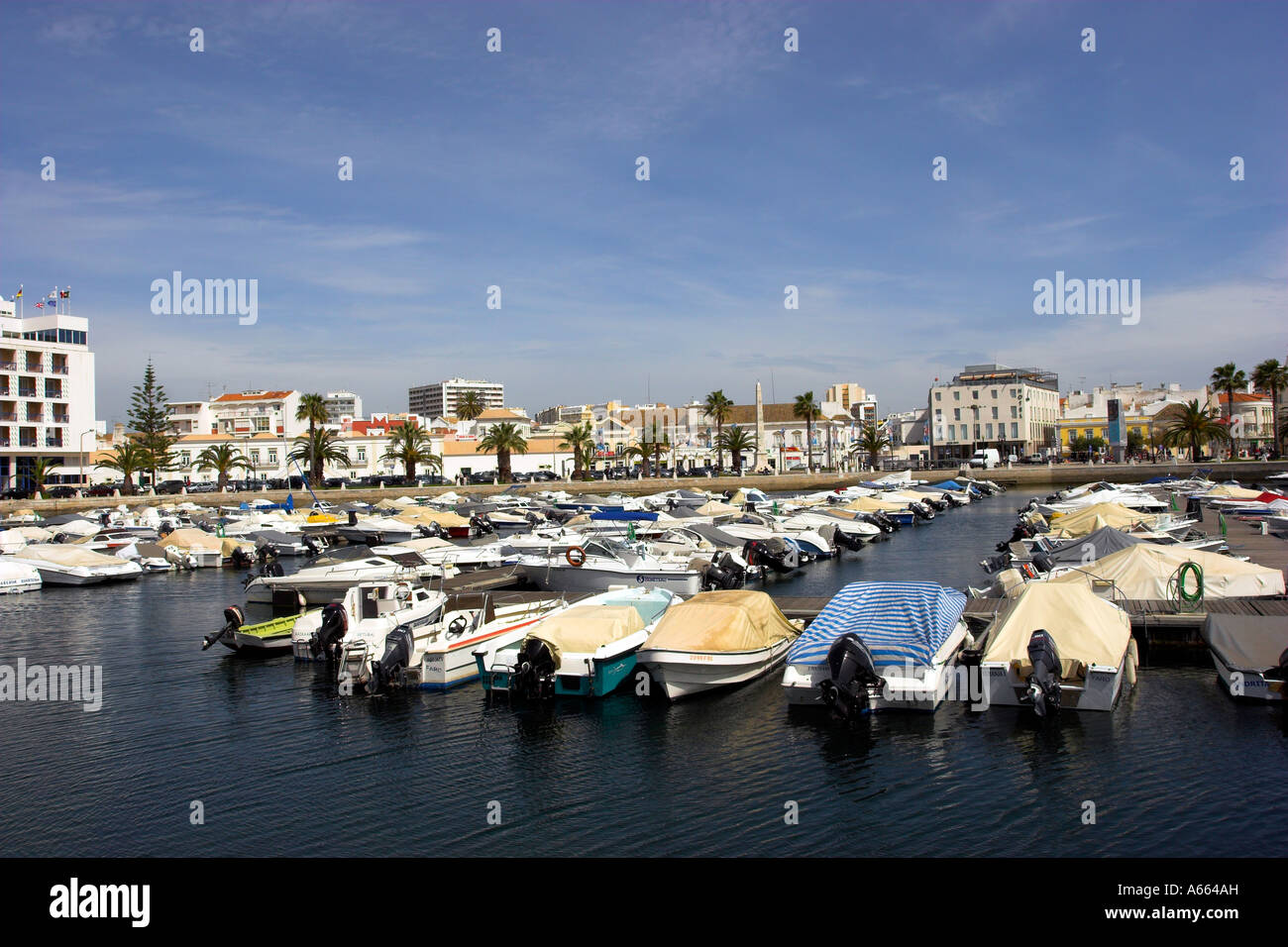 A busy marina in the Portuguese town of Faro on the Algarve in Portugal ...