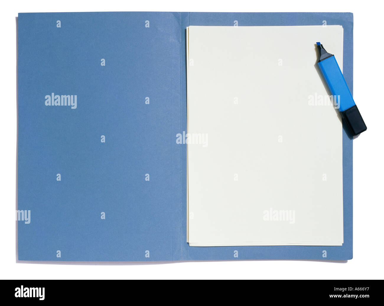 An open blue folder plain paper and blue highlighter pen Stock Photo ...