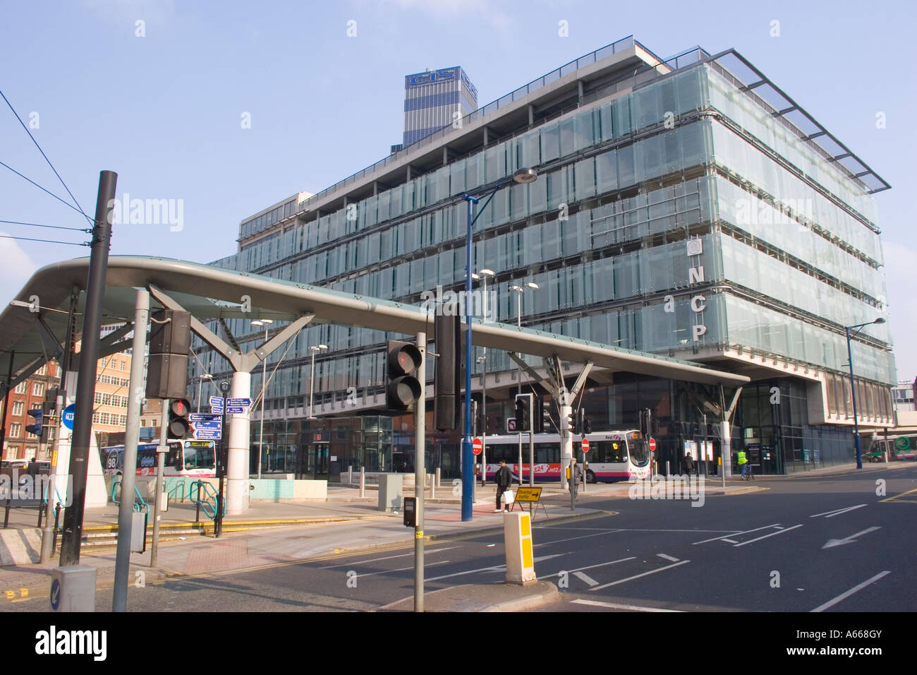 Carpark and bus station, with bus, Manchester, UK Stock Photo - Alamy