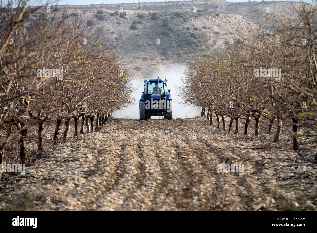 a farmer driving a tractor through a dusty dry field Stock Photo - Alamy