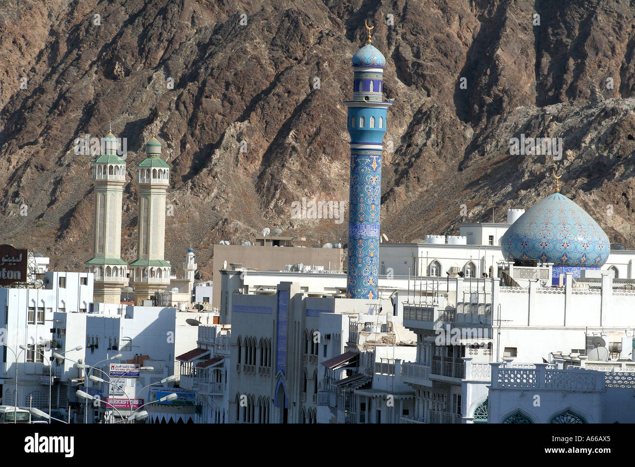 Muscat coastline, buildings, tower, minarets, mountains, Muscat, Oman ...