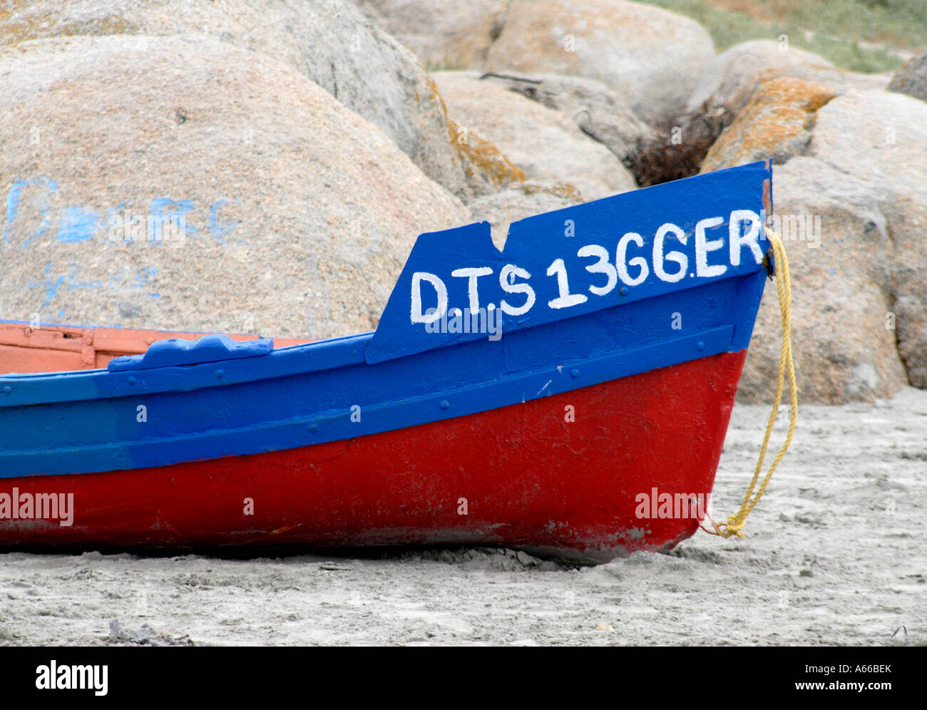 A brightly painted red and blue fishing boat drawn up on the sandy ...