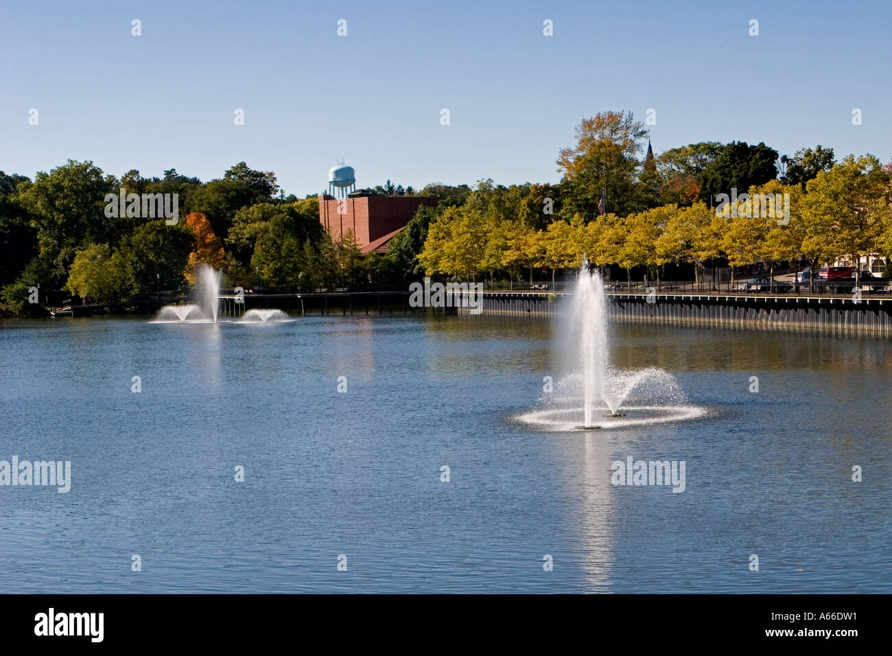 Fountains in the Kalamazoo river in Allegan, Michigan, USA Stock Photo ...