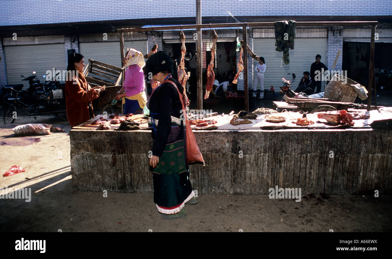 Yao woman walks along the meat section of the market of Menghai ...