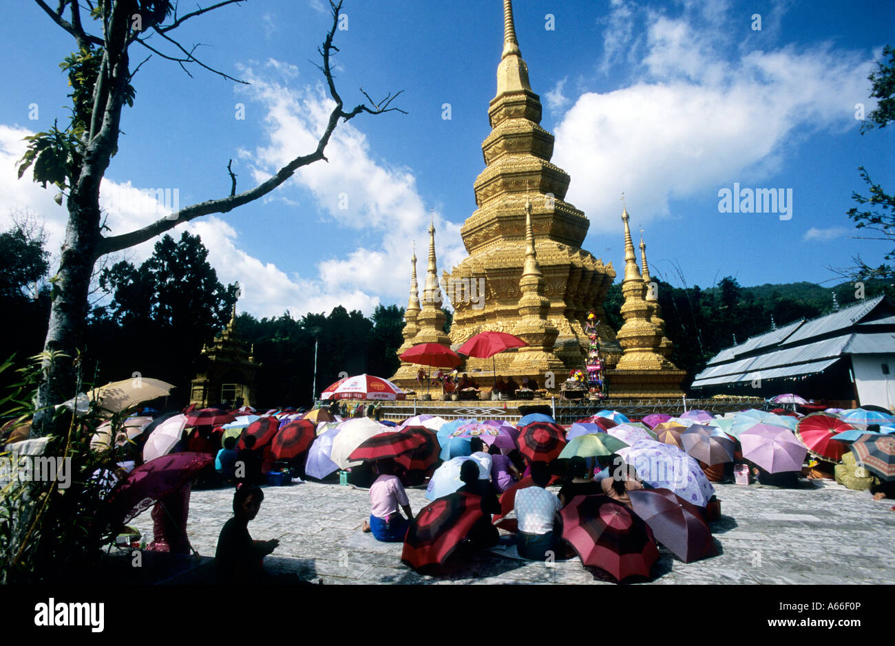 Women with colourful silk umbrellas around a golden pagoda in Menghai ...