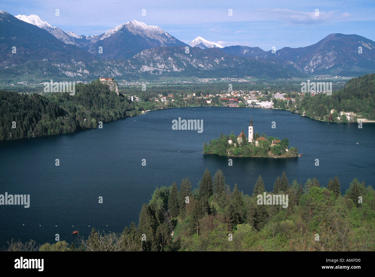 Lake Bled with Bled island and Karavanke mountains Gorenjska region ...