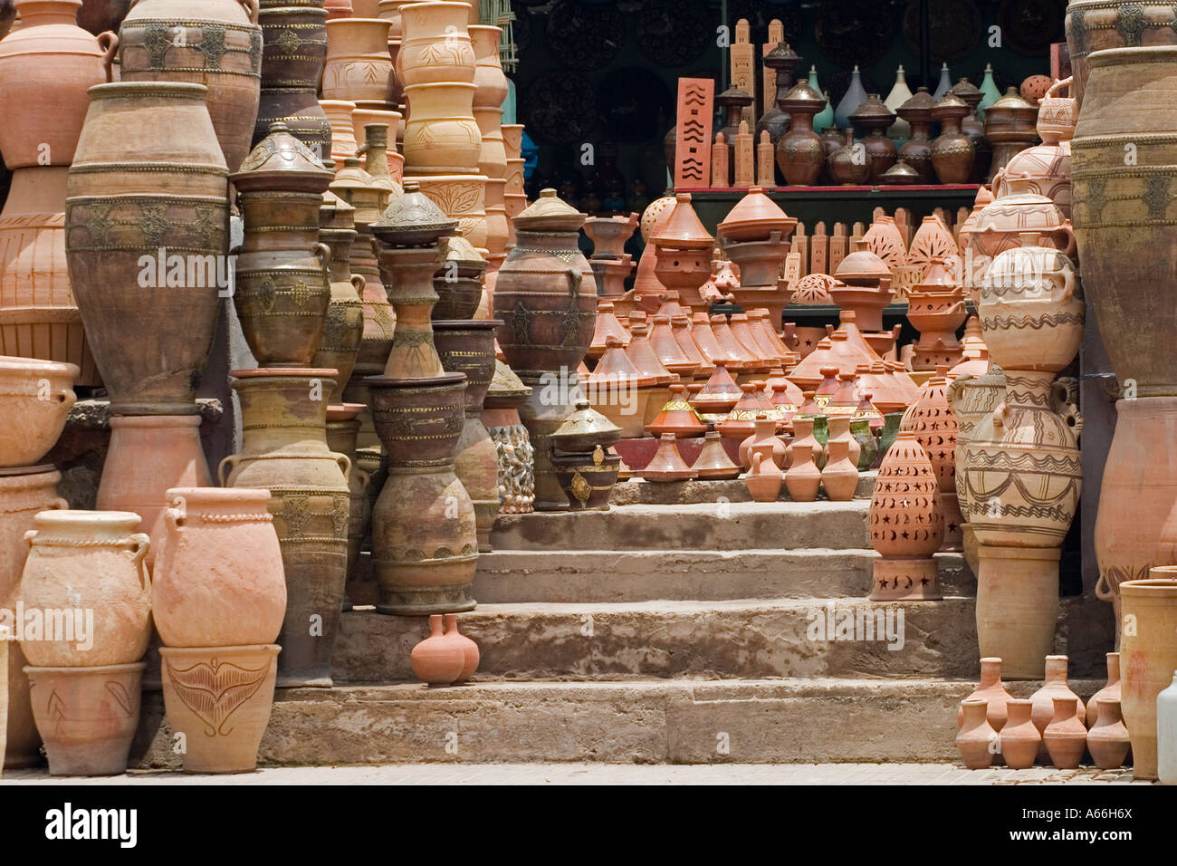 terracotta pots on display in a shop in marrakech morocco north Africa ...