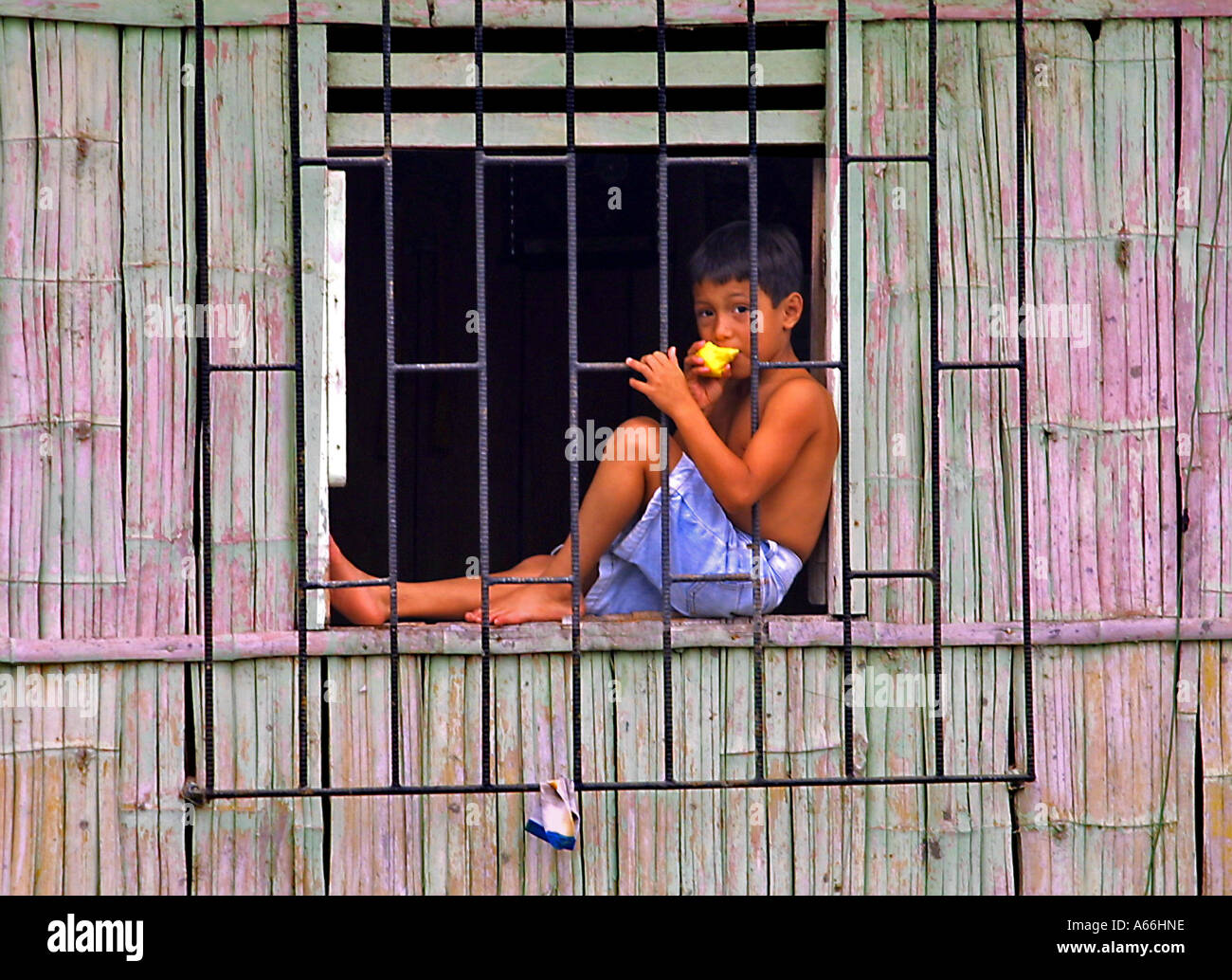 Boy in slums Isla trinitaria Dwelling Ecuador Stock Photo - Alamy