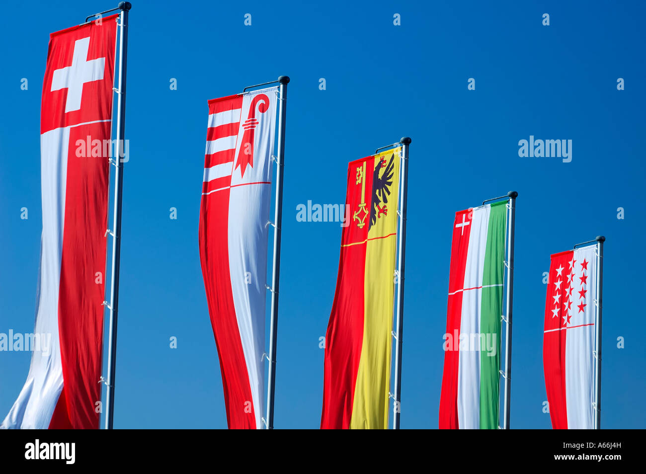 From left to right the banner of Switzerland and the banners of the ...