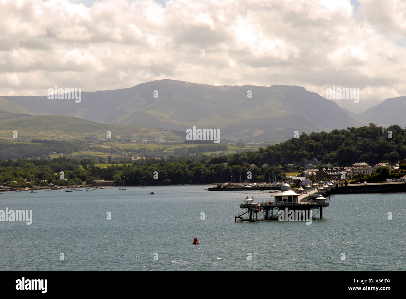 A view of the mainland and Bangor pier from Beaumaris, Anglesey Stock ...